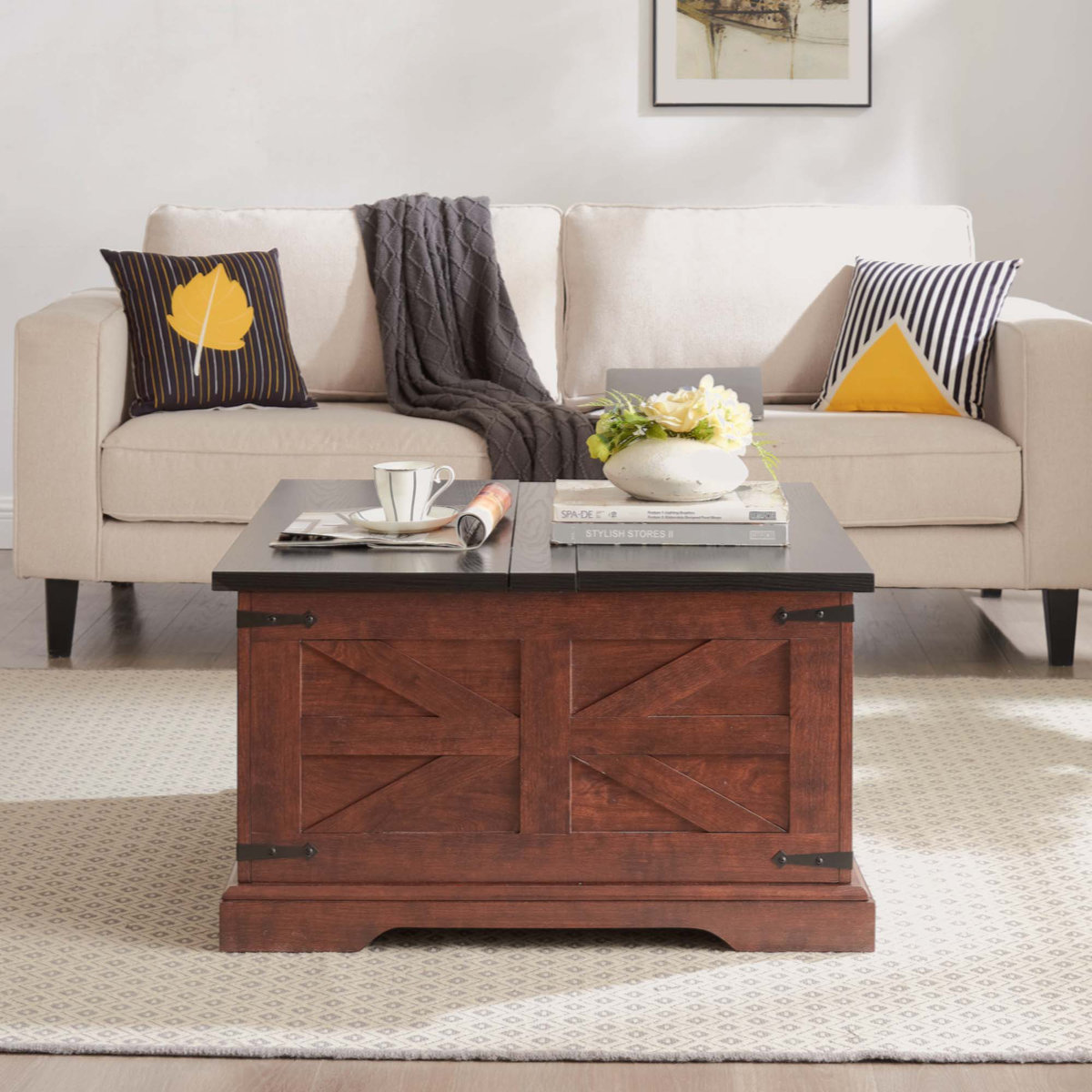 Gracie Oaks Coffee Table & End Table Barn Design Center Table Rustic Cocktail Table With Hinged ...